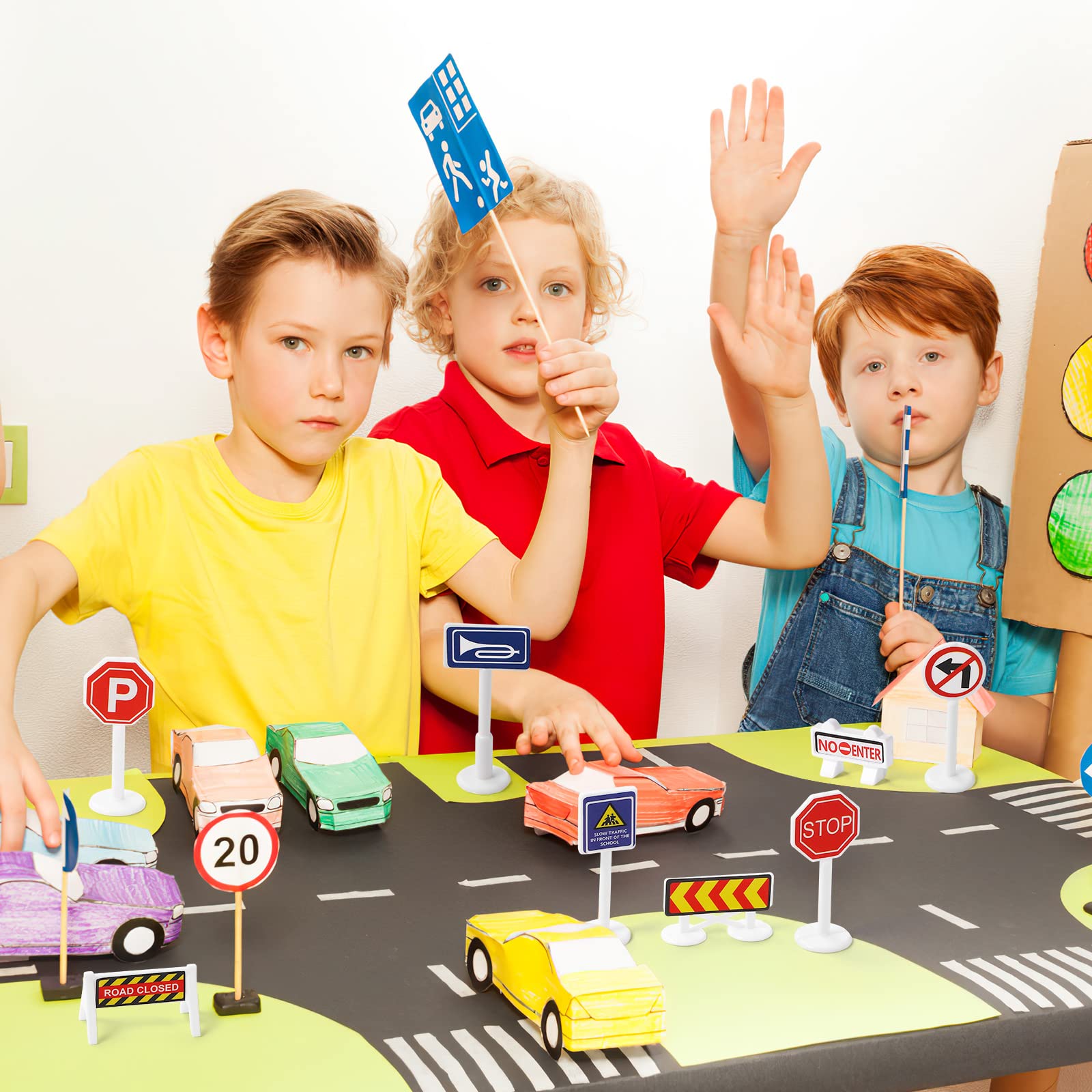 56Pcs Street Road Signs Playset Traffic Signs Playset Mini Electric Traffic Lights Toy Road Signs for Play(Mini Size)