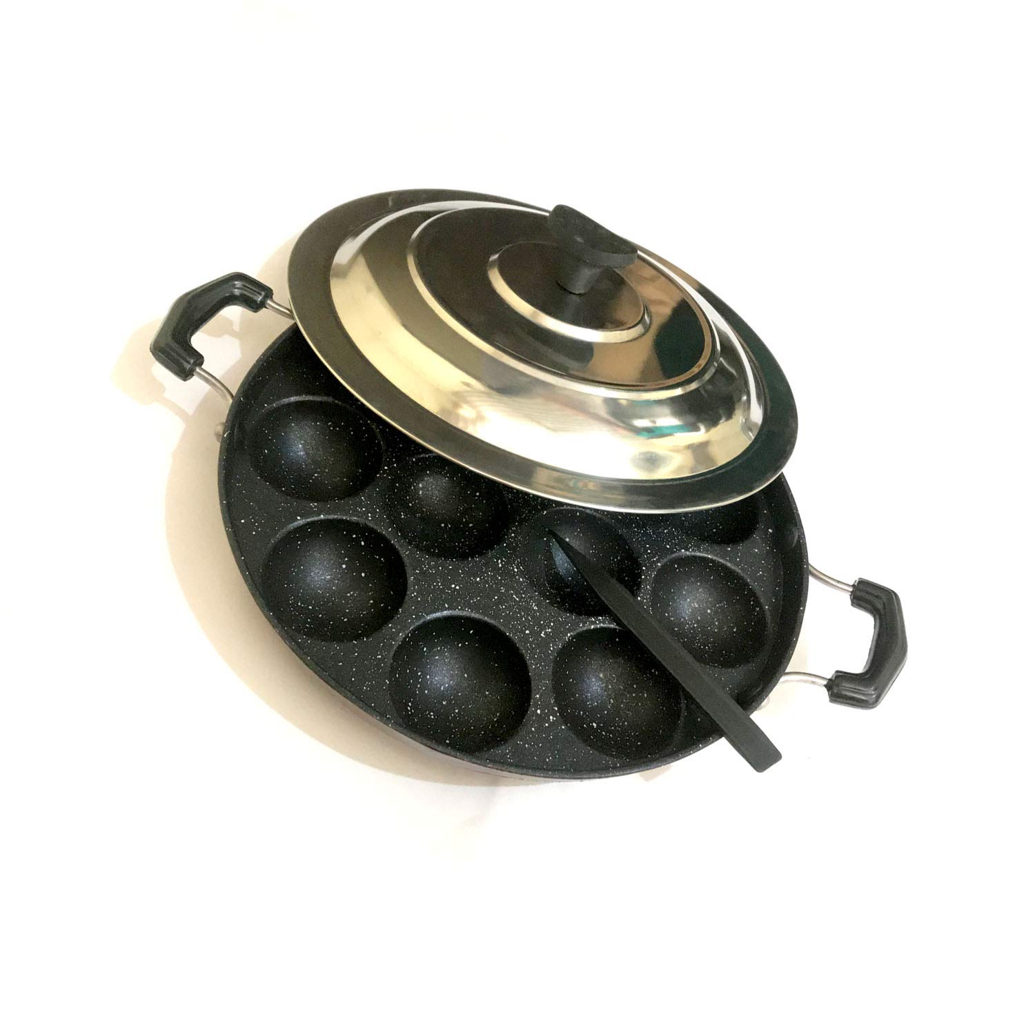 12 Pits Nonstick Appam Patra Side Handle with Lid Paniyarakkal Paniyaram Appam Pan Maker Pancake Maker Aebleskiver Maker with Stainless Steel Lid