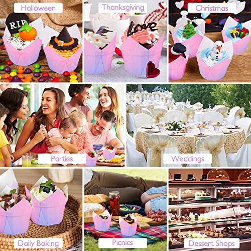100 Pack Tulip Baking Cupcake Liners, Food Grade Greaseproof Paper Dessert Cup, Festival Gradient Color Muffin Cups Holder, 2x2 inches Cake Container Wrapper for Party, Wedding, Birthday, Christmas