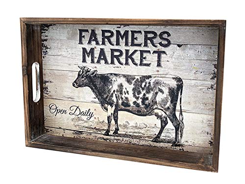 DeliDecor Large Decorative Serving Trays with Handle, Set of 3 Nesting Rustic Wooden Organizer Distressed Farmers Market Farmhouse Decor with Cow Pattern, Coffee Food Platters, Open Daily 17"x12.5"