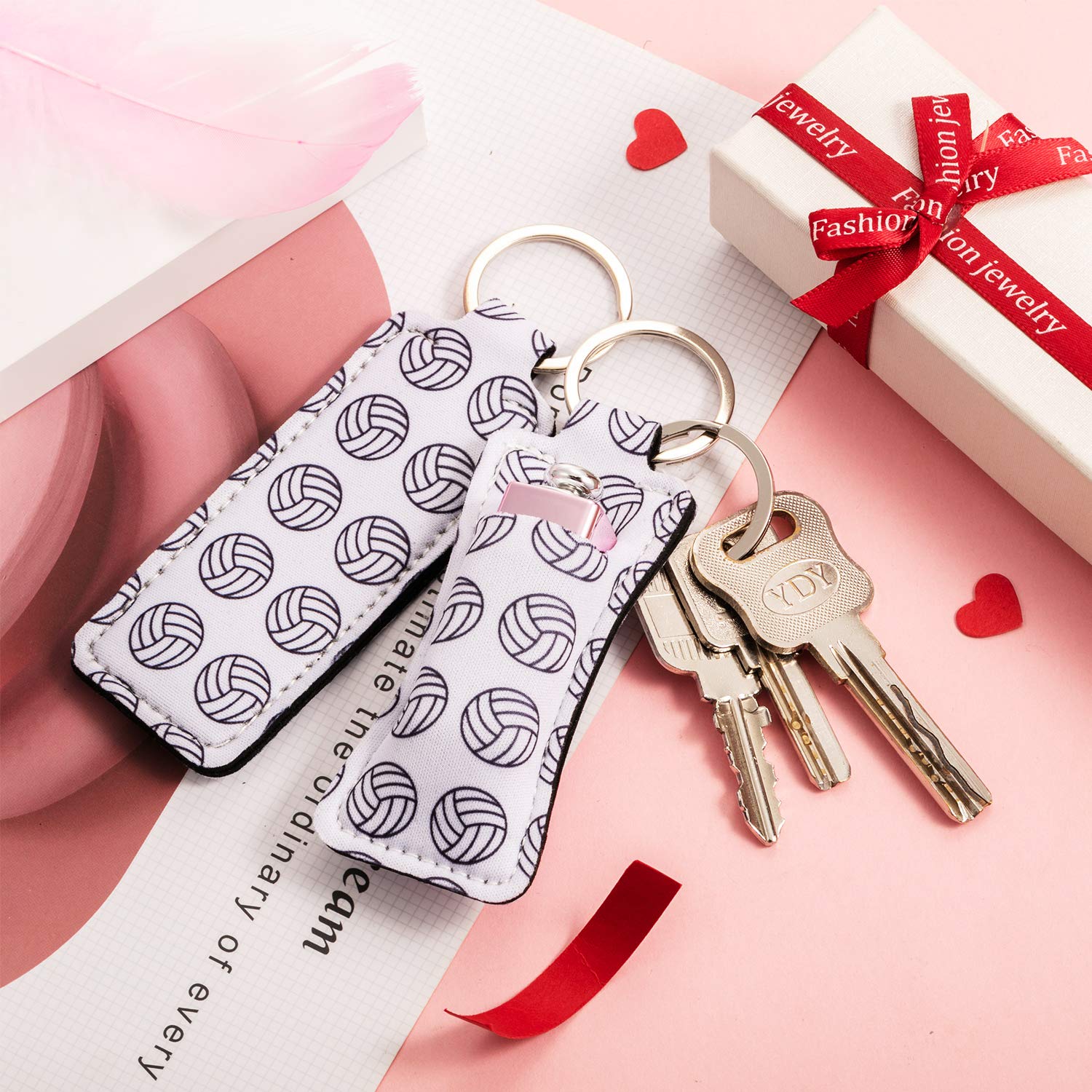 16 Pieces Volleyball Lipstick Holder Keychains Volleyball Lipstick Balm Holder Keychain Clip-on Lipstick Sleeve Pouch with 16 Pieces Metal Clip Cords for Lipstick Tracker