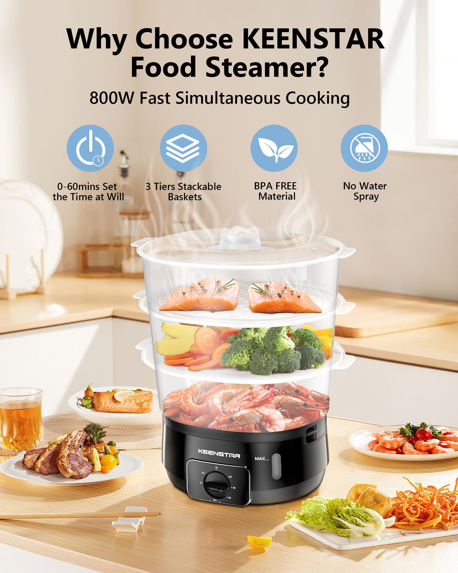 13.7QT Electric Food Steamer for Cooking, 3 Tiers Vegetable Steamer, 800W Fast Simultaneous Cooking, 60-Minute Timer, Veggies Steamer, Ideal for Fish Seafood Rice, BPA-Free Baskets(Black)