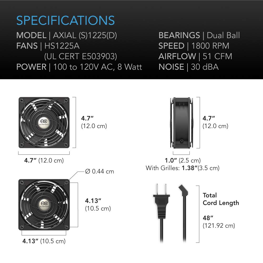 AC Infinity AXIAL 1225, Quiet Muffin Fan, 120V AC 120mm x 25mm Low Speed, UL-Certified for DIY Cooling Ventilation Exhaust Projects