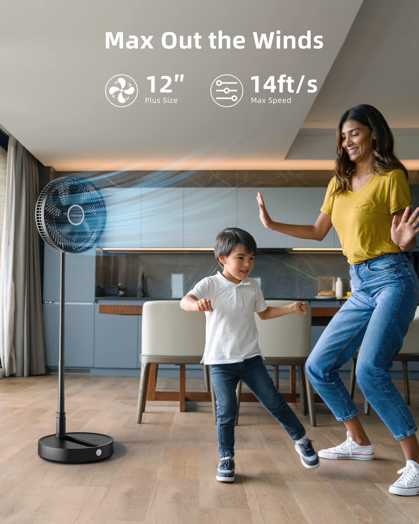 12” Battery Powered Table Fan, 10800mAh Foldaway Fan with Remote Control Night Light Timer, Portable Oscillating Fan for Home, Camping, Travel, Hurricane