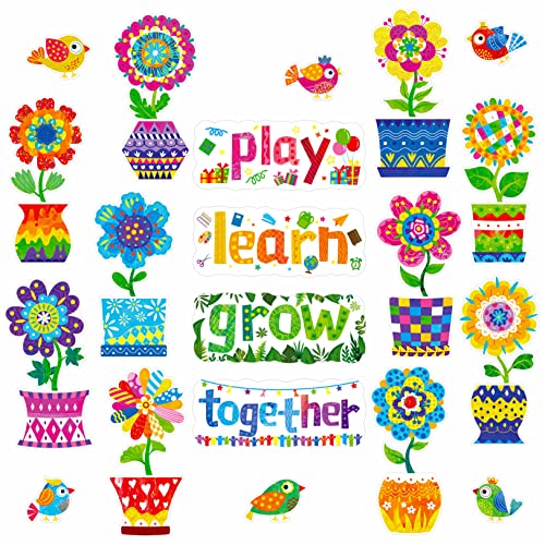 60 PCS Flower Cutouts, Colorful and Erasable Potted Flowers & Birds Cut-Outs Bulletin Board Classroom Decoration in 30 Designs Spring Flower Blossom Themed Party Supplies for Kids Teacher Student