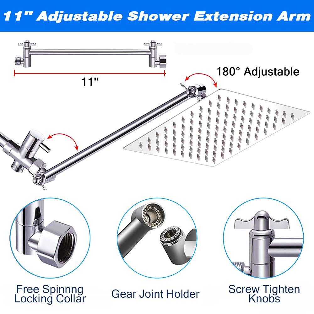 10" Rain Shower Head with Handheld Spray Combo High Pressure Rainfall Showerheads with 11" Extension Arm, Shower Filter for Hard Water & Chlorine + Hose & 4 Hooks, Square Dual Waterfall Shower Head