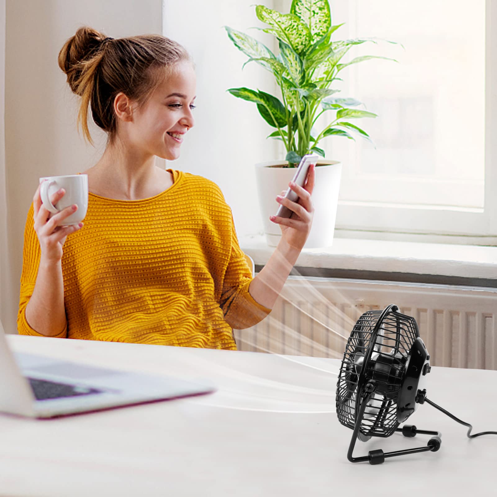 4 Inch Small USB Desk Fan, Mini Quiet Fan with Metal Construction & Strong Airflow & 360°Adjustable Tilt Angle, Personal Cooling Fan for Desktop Office (Black-2Pack)