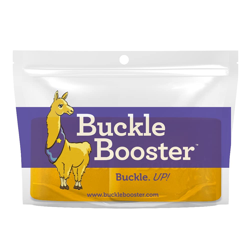 BPA-Free Car Seat Belt Buckle Booster Yellow - Two Styles - Keeps Your Receptacle Stable & Upright – Free Sticker Gift (4-Pack, Combo Pack (2 Tall + 2 Short))