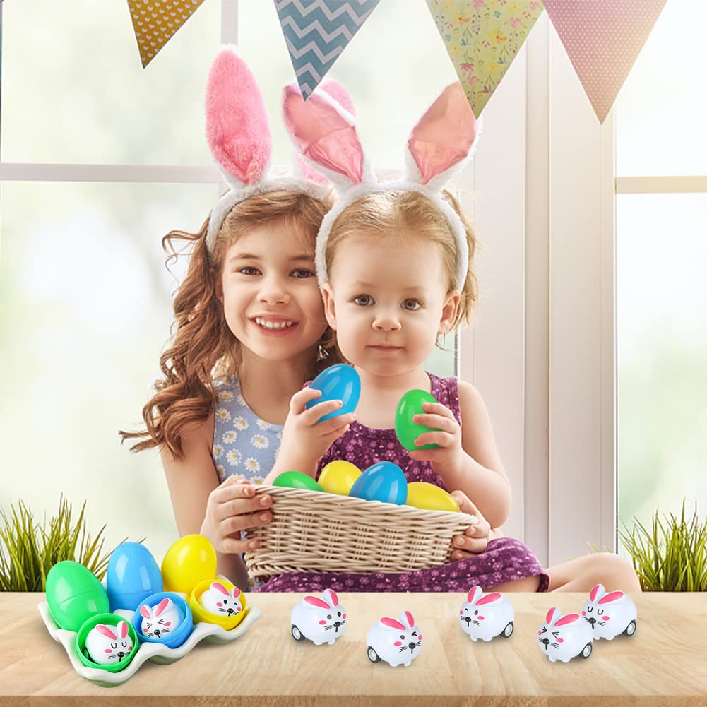 3 otters 24pcs Easter Toy Cars, Easter Eggs Filled Stuffed Bunny Rabbit Pull Back Car Kids Small Toys
