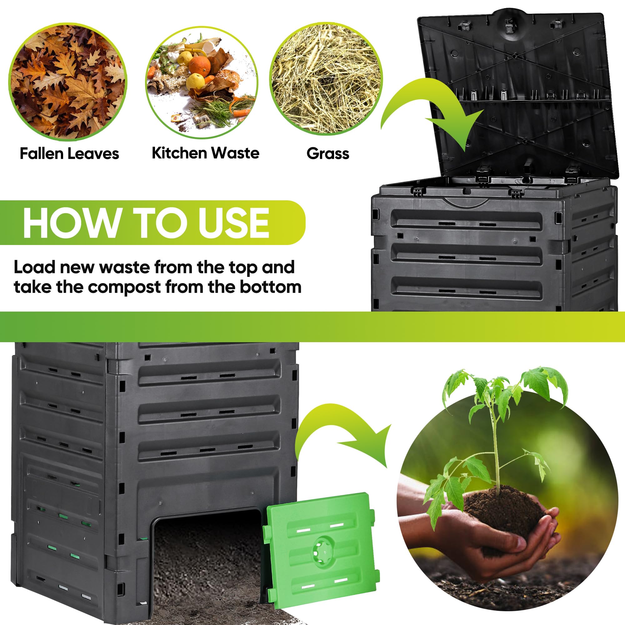 120 Gallon (450L) BPA Free Garden Compost Bin - Easy Assembly, Aerating Outdoor Compost Box for Fast Fertile Soil Creation
