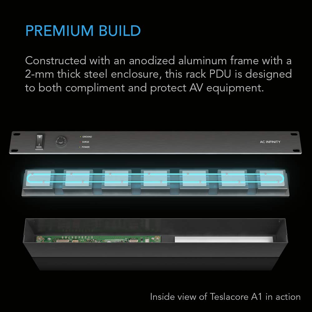 AC Infinity TESLACORE A2, Rackmount PDU with Surge Protector, 15A Circuit Breaker, 6 Front and 6 Rear Rear Outlets, 15ft Power Cord, for AV Equipment