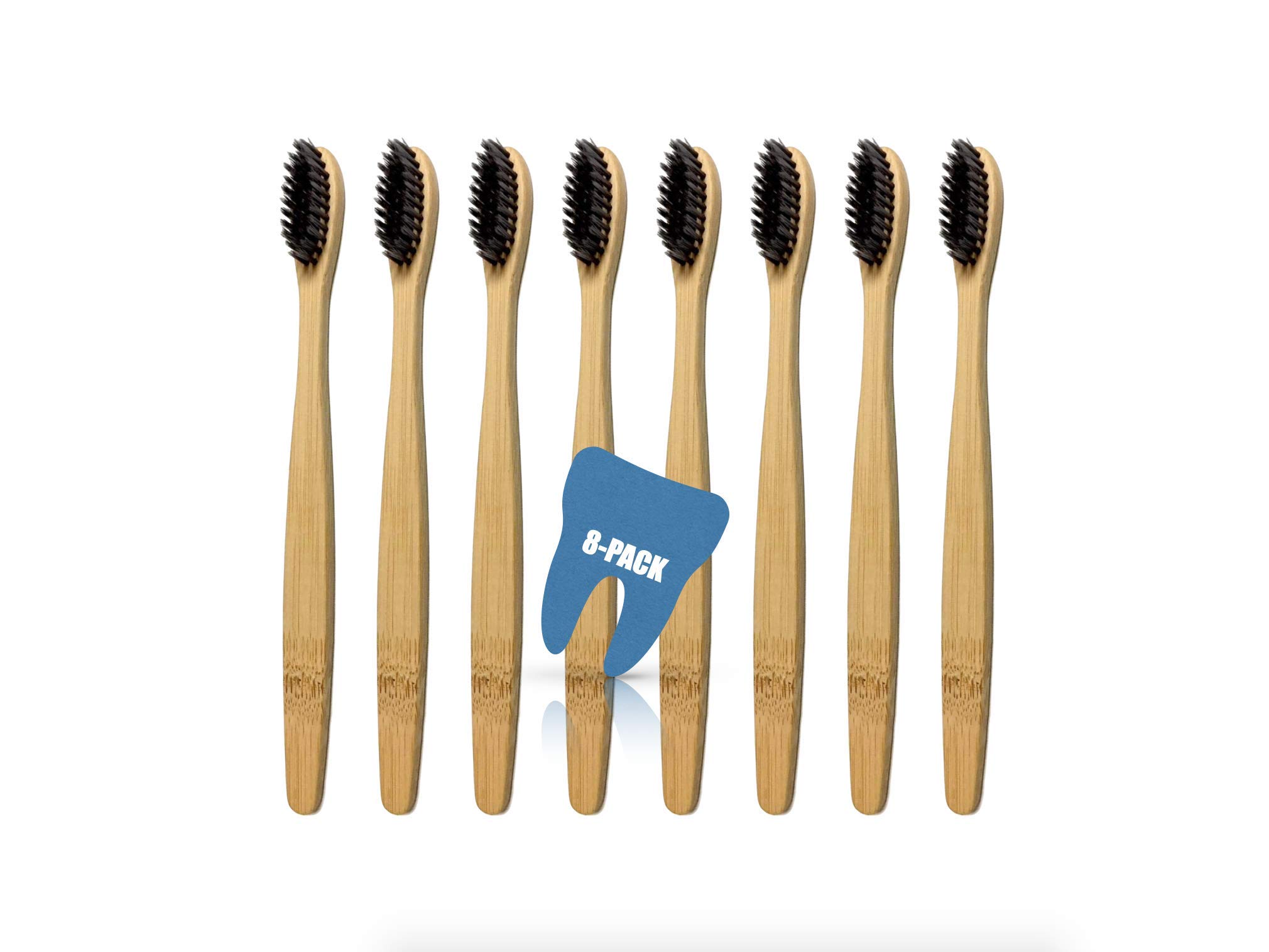 BPA-Free, Organic Bamboo Toothbrush with No-Glue Bristles - Compostable, Biodegradable, Vegan (8-Pack) (Black, Soft Bristles)