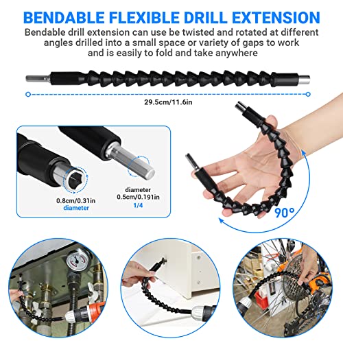 32pcs Flexible Drill Bit Extension Set, Rotatable Joint Socket 1/4 3/8 1/2 Inch Hex Socket Adapter, 105°Right Angle Drill Attachmen, Bendable Drill Bit Extension Screwdriver Kit with a Box (Silvery)