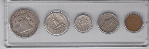 1951 No Mint Mark Birth Year Coin Set (5) Coins - Silver Half Dollar, Silver Quarter, Silver Dime, Nickel, and Cent All Dated 1951 and Encased in a Plastic Display case Collection Seller Very Good -Fine