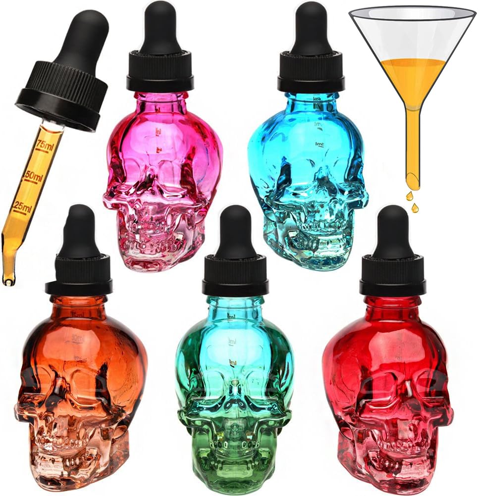 5PCS 1oz Skull Glass Dropper Bottles Refillable Bottles liquid bottling Dispensing bottle with Eye Dropper Pipettes for Essential Oils/Beauty Oil Mix, Aromatherapy Blends(5, 30ml)
