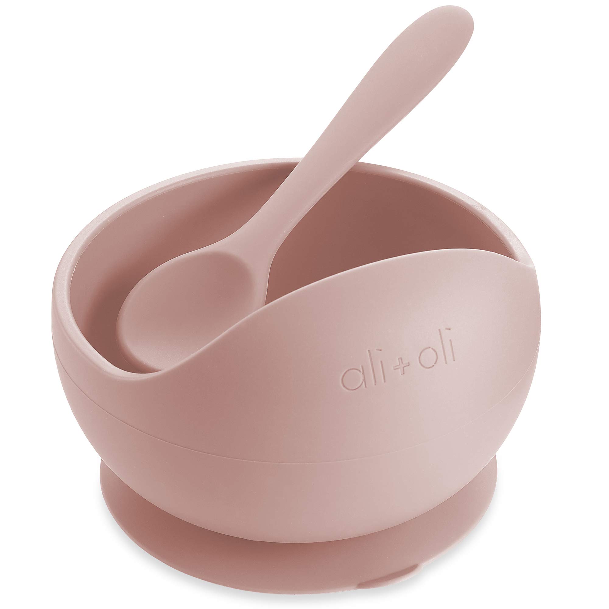 Ali+Oli Silicone Suction Bowl and Spoon Set (Blush, Original) - Unbreakable Suction Bowls for Baby 6 Months and Up, Self Feeding Baby Utensils, First Stage Baby Feeding Supplies
