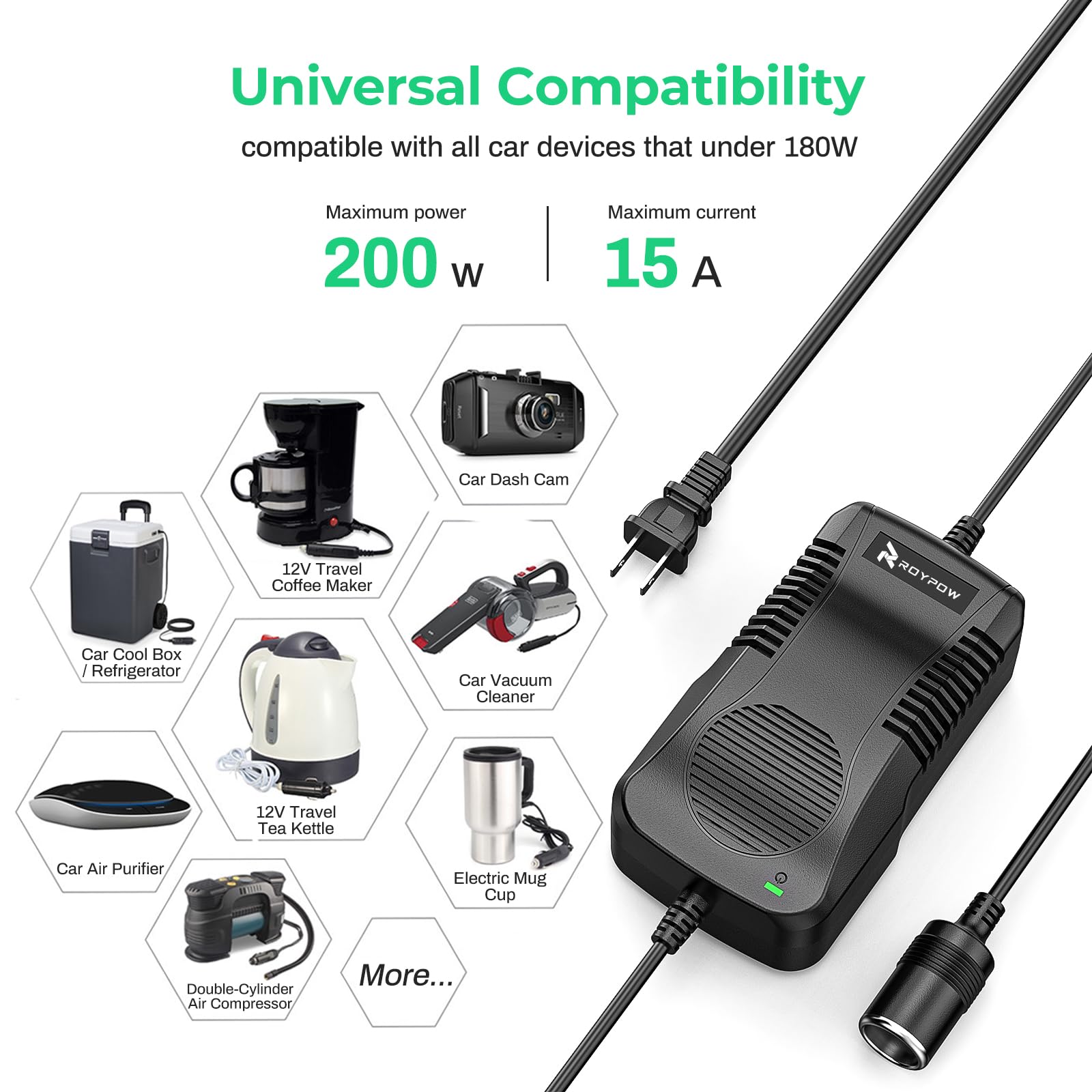 AC to DC Converter, RoyPow 180W (Max 200W) 15A 100V~120V to 12V Car Cigarette Lighter Socket AC/DC Power Supply Adapter Transformer for Inflator, Car Refrigerator