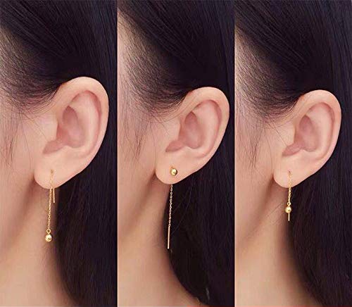 14K Solid Gold Ball Dangle Earrings for Women, Dainty 4mm Yellow Gold Ball Threader Drop Earrings Jewelry on Birthday, Anniversary