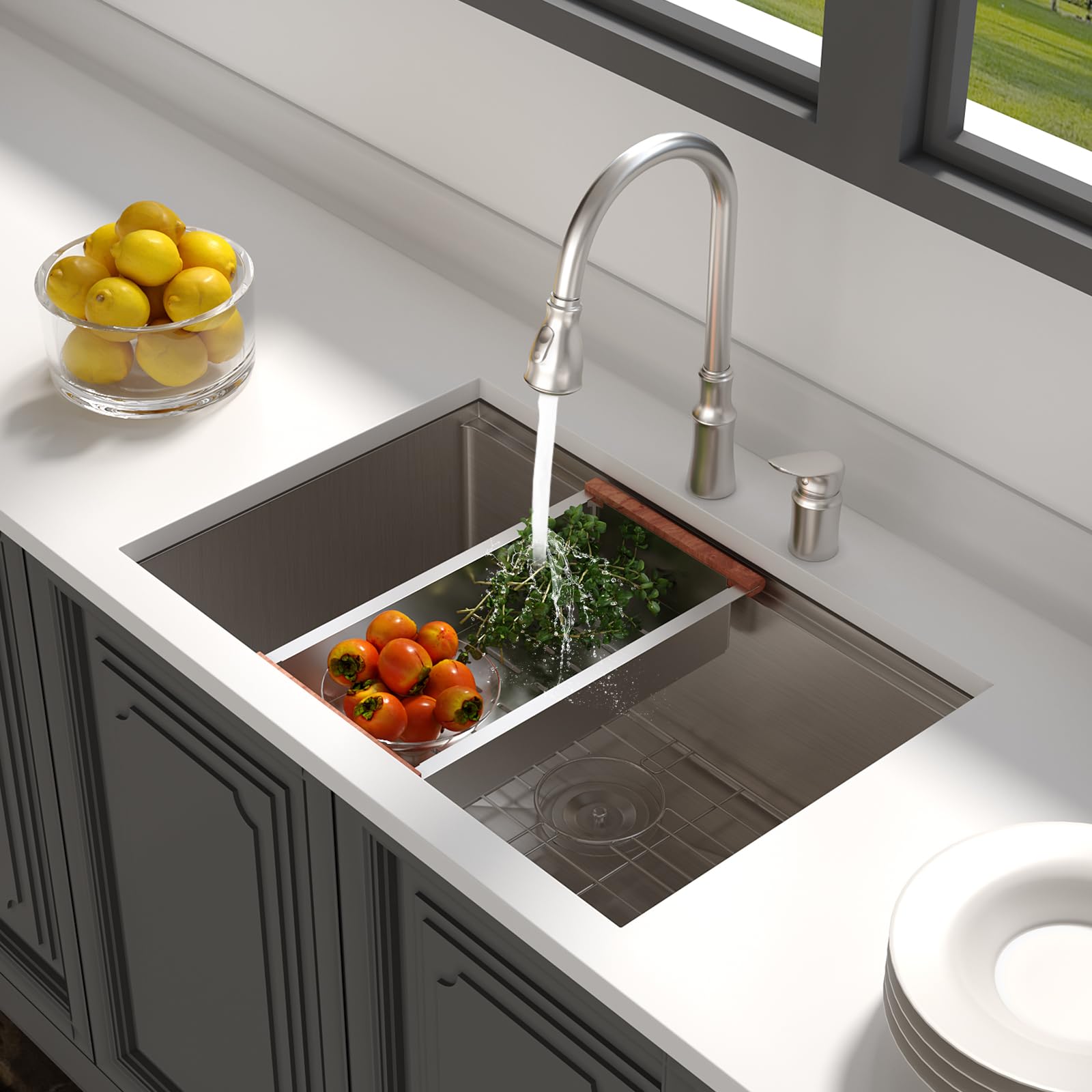 27 Undermount Kitchen Sink - LORDEAR 27x19 Inch 16 Gauge Stainless Steel Kitchen Sinks Under Counter Ledge Workstation Single Bowl Basin