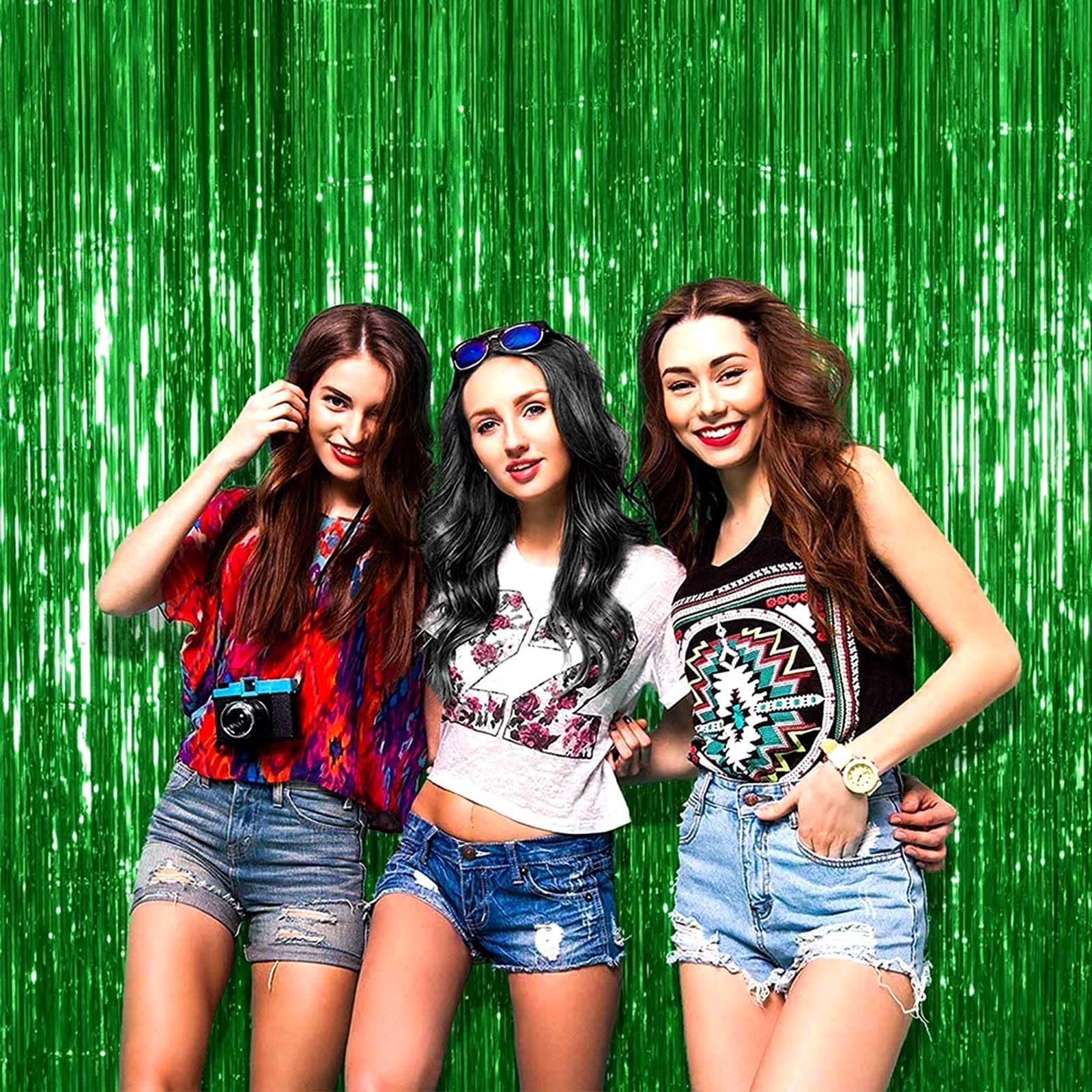 4 Pack Green Foil Fringe Curtain Backdrop, 3.28Ft x 8.2Ft Metallic Tinsel Foil Fringe Streamer Curtains for Photo Booth Props Decor Party Supplies