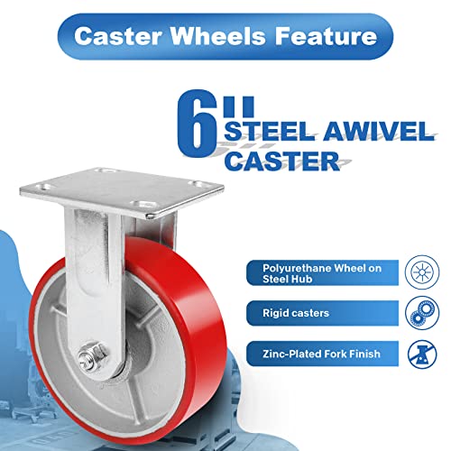 6 Inch Industrial Fix Casters Heavy Duty No Noise Polyurethane Wheel on Steel Hub, 1200 Lbs Load Capacity Per Rigid Casters for Utility Cart, Dollies (2 Pack)