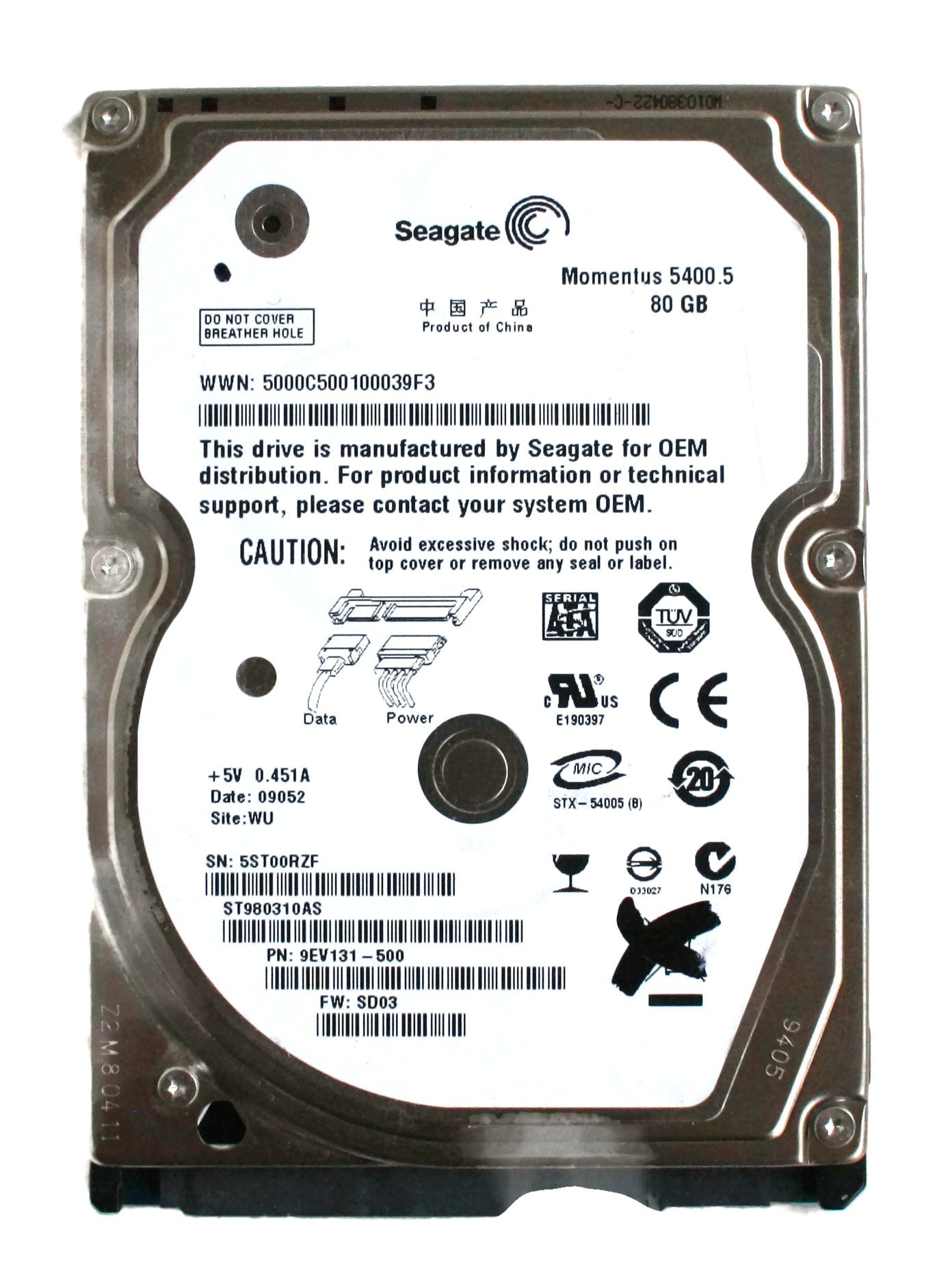 80GB Seagate Momentus 5400.5 SATA 2.5" Notebook Hard Drive ST980310AS