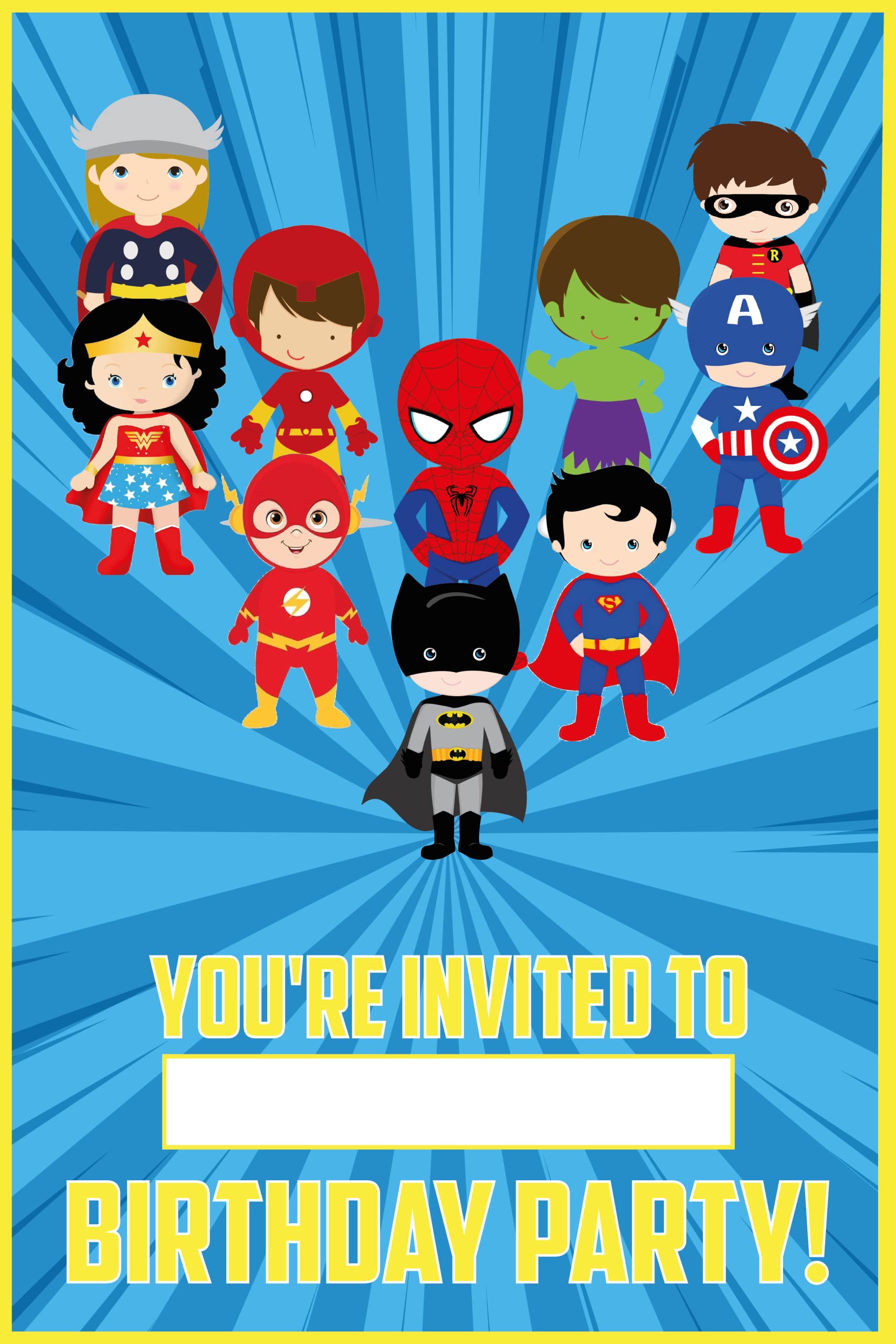 20x Super Hero Kids Birthday Invitations and Envelopes – Fill-in Happy Birthday Party Invitations for Kids, 6X4 Inches, Postcard Style