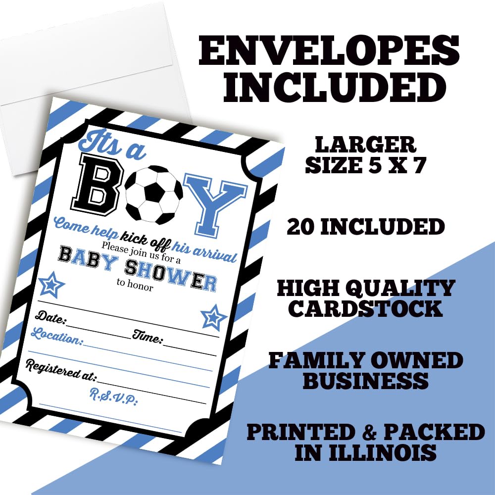 Blue & Black Kick Off His Arrival Soccer Themed Baby Sprinkle Baby Shower Invitations for Boys, 20 5x7 Fill In Cards with Twenty White Envelopes by AmandaCreation