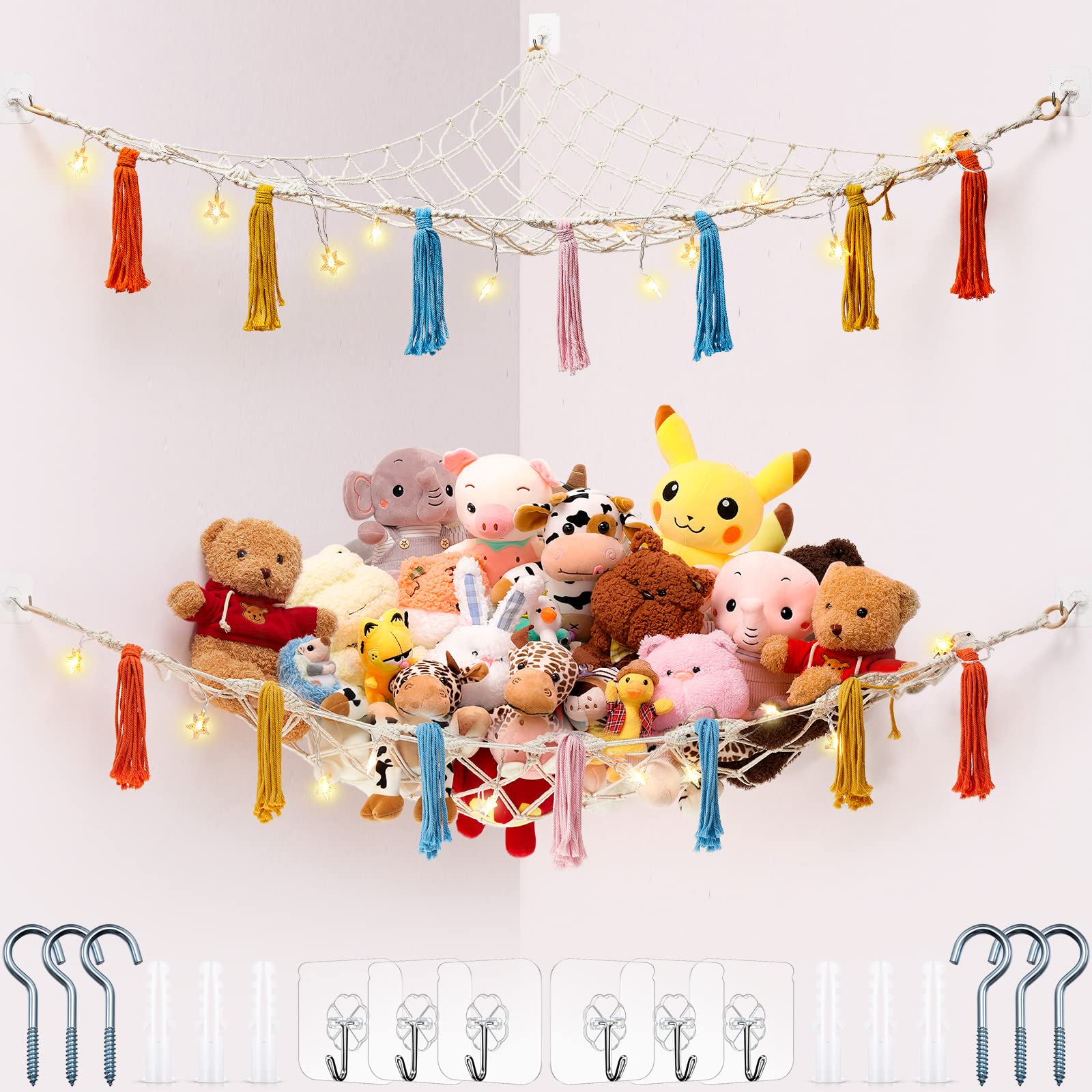 2 Set Stuffed Animal Net or Hammock with LED Light Colorful Tassels Boho Macrame Toy Hammock For Stuffed Animals Corner Plush Toy Net Holder Storage Organizer for Nursery Play Room Bedroom
