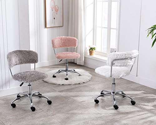 White Home Office Chair Cute Fluffy Vanity Chair with Back Task Upholstered Fur Armless Swivel Desk Chair for Study Room, Height Adjustable