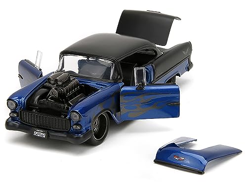1955 Chevy Bel Air Blue Metallic and Black with Black Flames Bigtime Muscle Series 1/24 Diecast Model Car by Jada 34721