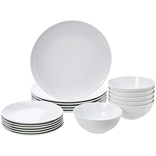 Amazon Basics 18-Piece Kitchen Dinnerware Set, Plates, Dishes, Bowls, Service for 6, White Porcelain Coupe