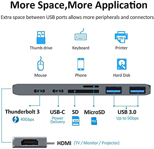 WangW USB C Hub, 7 in 1 Type C Aluminum Adapter for MacBook Pro 13″ and 15″ 2016/2017/2018/2019, Air 2018/2019, 4K USB C HDMI, 2 USB 3.0 Ports, TF/SD Card Reader,USB C Power Delivery,Black