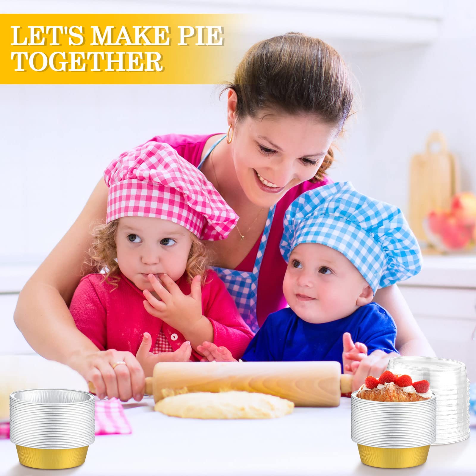 100 Pcs Aluminum Foil Cupcake Baking Cup with Lids Disposable 3 oz Mini Foil Baking Cups with Plastic Spoon, Muffin Liners, Ramekins for Dessert, Creme Brulee, Pudding Oven Pot Baking Kitchen Wedding