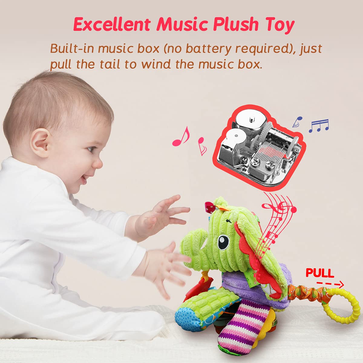 Car Seat Toys Baby Toy Infant Toy with Musical Box Stroller Toys Crib Toy Development Toy with Rattles Crinkle Teether Magic Mirror, Stroller Clip-On Carseat Cot Crib Bed Hanging Toy - Elephant