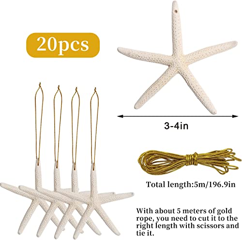 20 PCS Christmas Natural Starfish Ornaments 3-4'' + Beaded Starfish Garland Christmas Decorations 80Inch