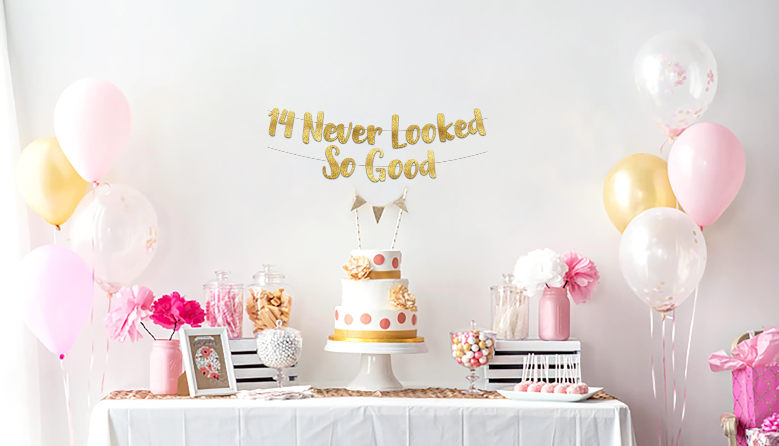 14 Never Looked So Good Gold Glitter Banner - 14th Anniversary and Birthday Party Decorations