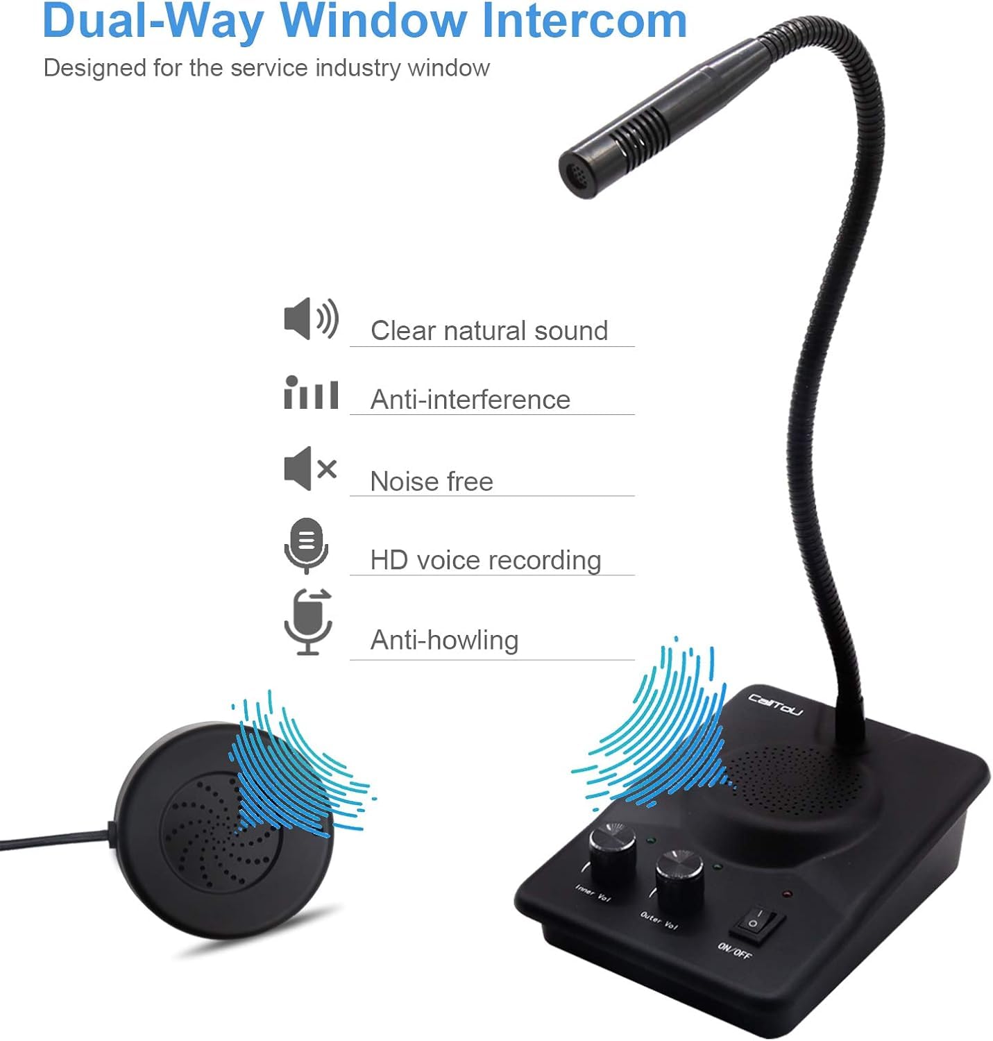 CallToU Window Speaker Intercom System,Dual Way Anti-Interference Intercommunication Microphone Talk Through Glass Window,for Business,Bank,Office,Hospital,Counter,Store,Station,School and More