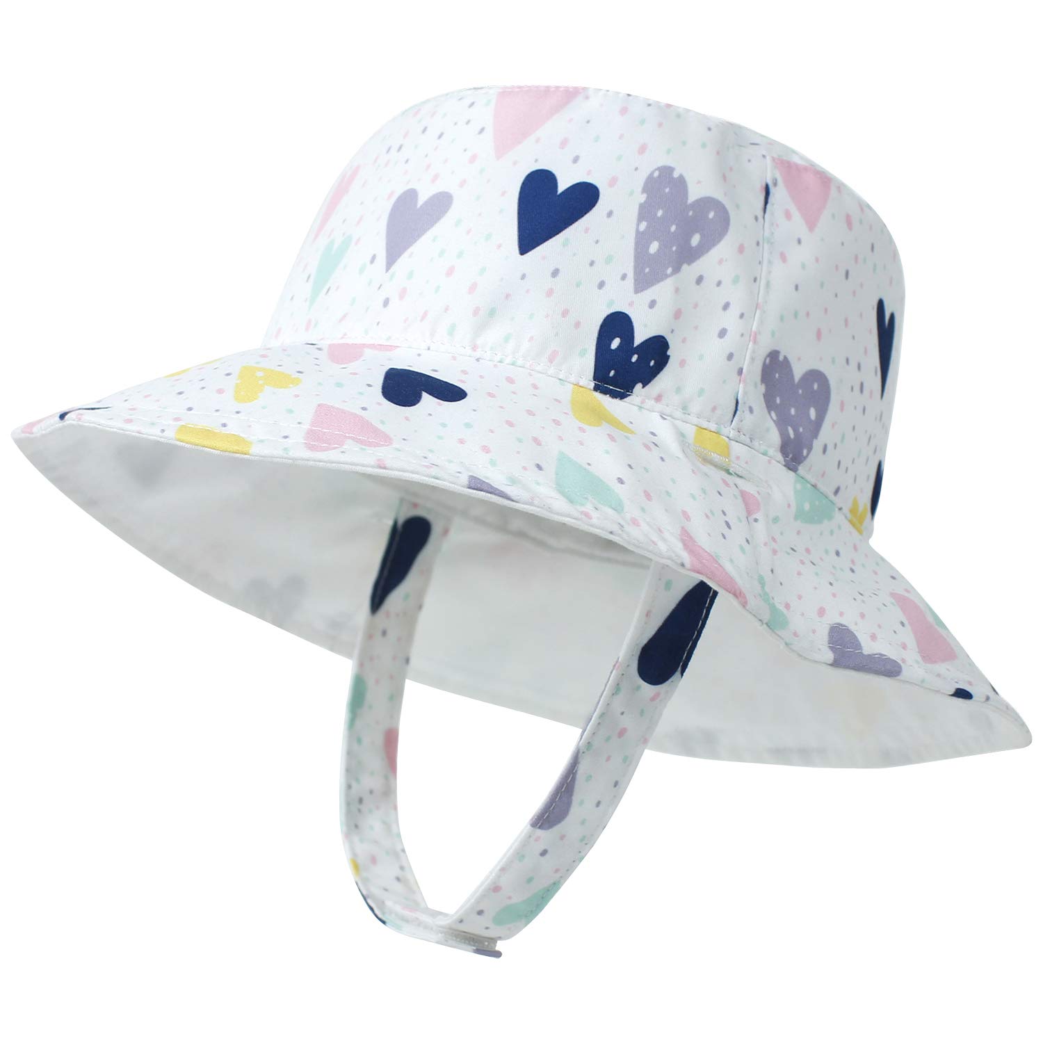 LAPI.ZAPI Baby Sun Hat Print Pattern Reversible Kids Boy Girls hat UPF 50+ Sun Protection Beach Bucket Hat Wide Brim (0-6 Months, White Heart)