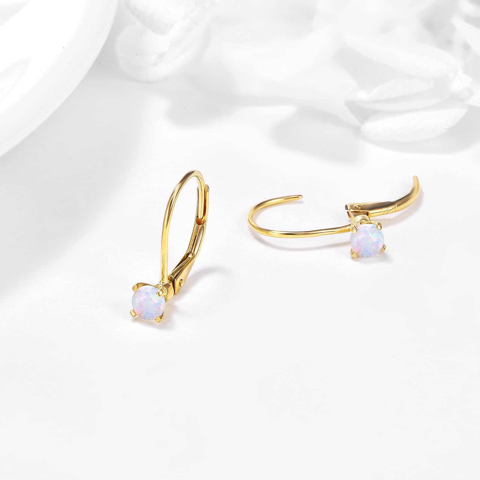 14k Solid Gold Leverback Earrings for Women Opal Jewelry Birthday Gifts for Her (4mm)