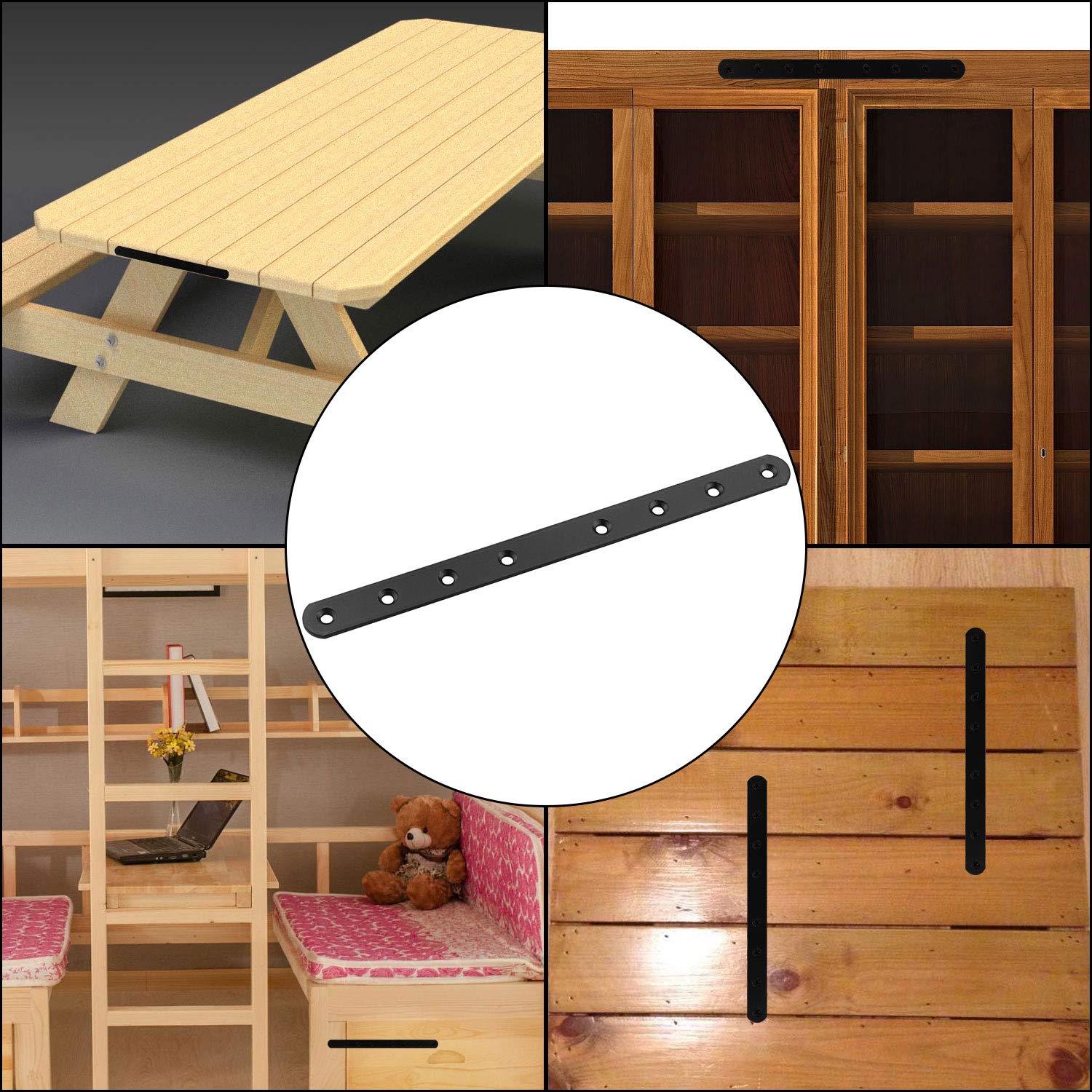 12 PCS 10 Inch Mending Plate Black Straight Braces for Wood Heavy Duty Corner Braces Straight Metal Brackets with Holes Flat Metal Bar Connector Mending Joining Bracket for Repair Fixing Fence Shelves