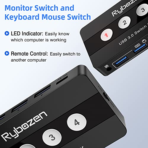 Rybozen USB 3.0 Switch 4 Ports for 4 PC 4 Inputs 4 Outputs USB Switch for Printer Keyboard Mouse Stick USB Hard Drive External Scanner, with Remote Controlā¦