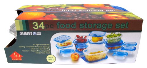 34 Piece Plastic Food Container Set - 17 Plastic Storage Containers with Air Tight Lids