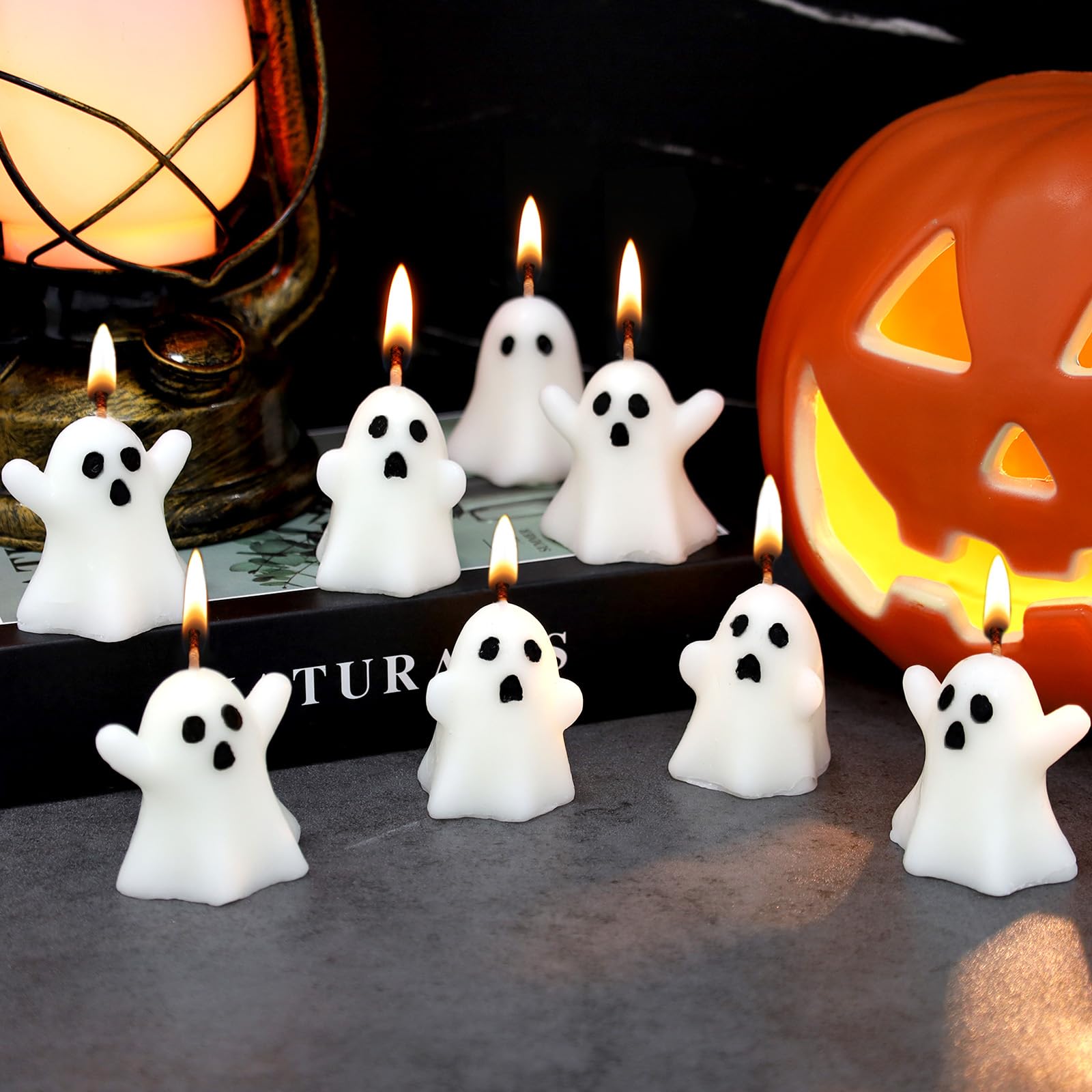 21 PCS Halloween Ghost Candles Spooky Candles White Floating Candles Halloween Decorative Tabletop Candle White Dripless Wax Burning Candles for Halloween Party