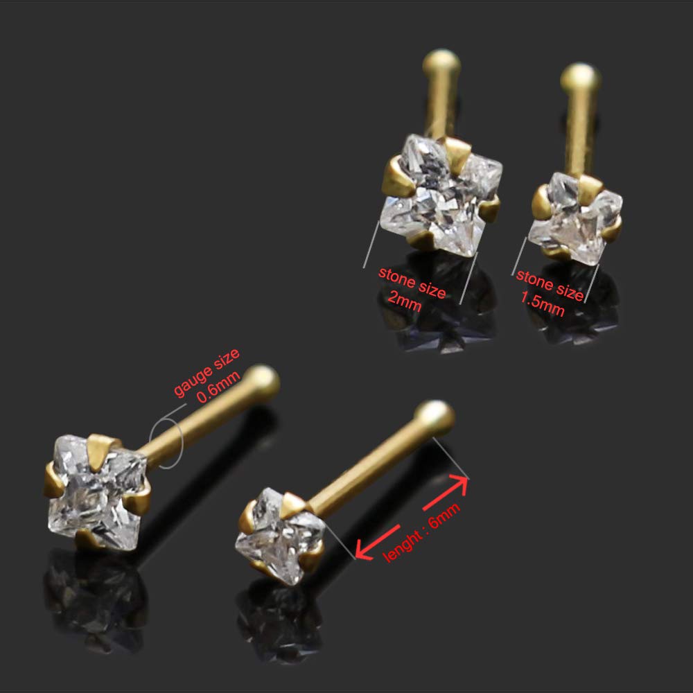 14K Solid Yellow Gold with 1.5MM Square Gem Ball End Nose Pin Body jewelry