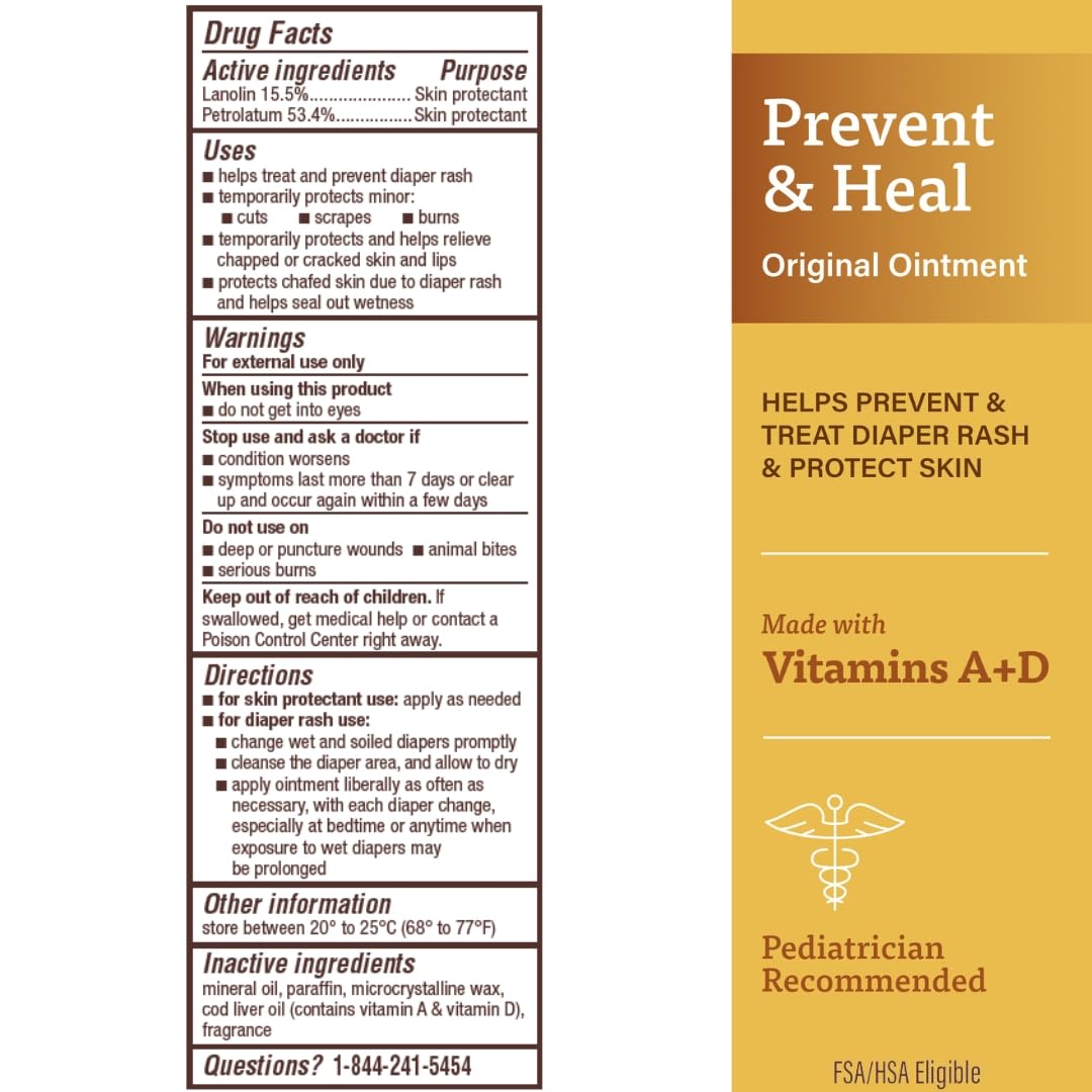 A+D Original Diaper Rash Ointment Prevents & Treats Diaper Rash, Moisturizing Skin Protectant with Vitamins A & D, Healing Skin Ointment for Dry and Cracked Skin 4oz