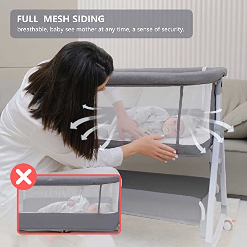 Baby Bassinet Bedside Sleeper for Baby with Wheels and Storage Basket ,All Mesh Portable Bedside Bassinet Co Sleeper for Newborn /Infant,7 Height Adjustable Easy to Assemble Bedside Crib(3 in 1,Grey)