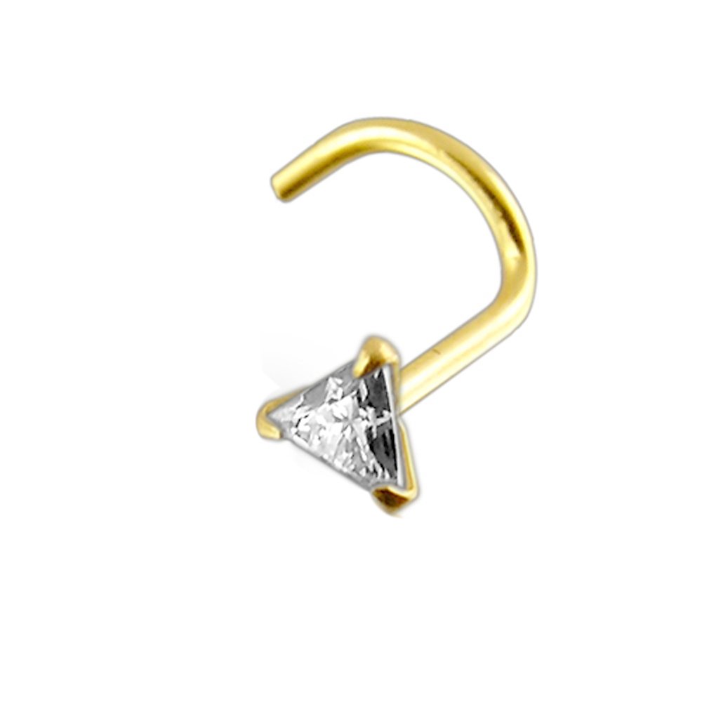 14K Solid Yellow Gold Claw Set 3MM Triangle CZ Stone 20 Gauge Screw Nose Stud Piercing Jewelry