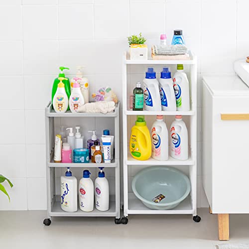 3-Tier Rolling Storage Shelf Plastic Dishwashing Detergent Organizer Serving Mobile Utility Easy Assembly Durable StableCart with Wheels, for Office, Bathroom, Kitchen, Bedroom (White)