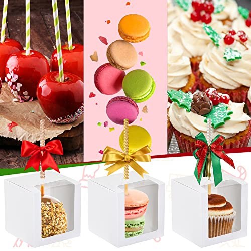 100 Pcs Candy Apple Boxes with Hole Caramel Apple Boxes 4 x 4 x 4 Inch Apple Gift Box Cookies Chocolate Apple Container with Clear Window for Harvest Autumn Party Wedding Baby Shower (White)